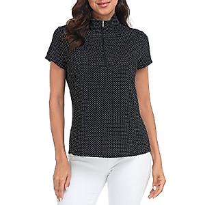 LRD Women's Golf Polo Shirts Short Sleeve Tennis Shirt UPF 30 Quarter Zip Up Polka Dots/Pink Aloha - L