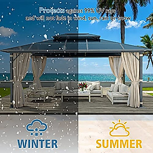 Aoxun 10'x13' Hardtop Gazebo, Outdoor Polycarbonate Double Roof Gazebo with Aluminum Frame Permanent Pavilion and Curtains & Netting for Backyard, Patio, Deck, Parties (Brown)