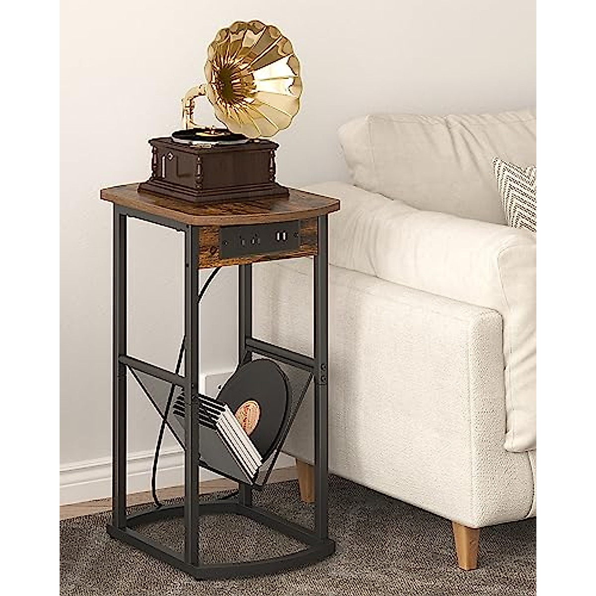 Hzuaneri Side Table with Charging Station, End Table with V-Mesh Magazine Holder, Industrial Record Player Stand with CD Album Storage Shelf, Rustic Brown and Black ET05401B