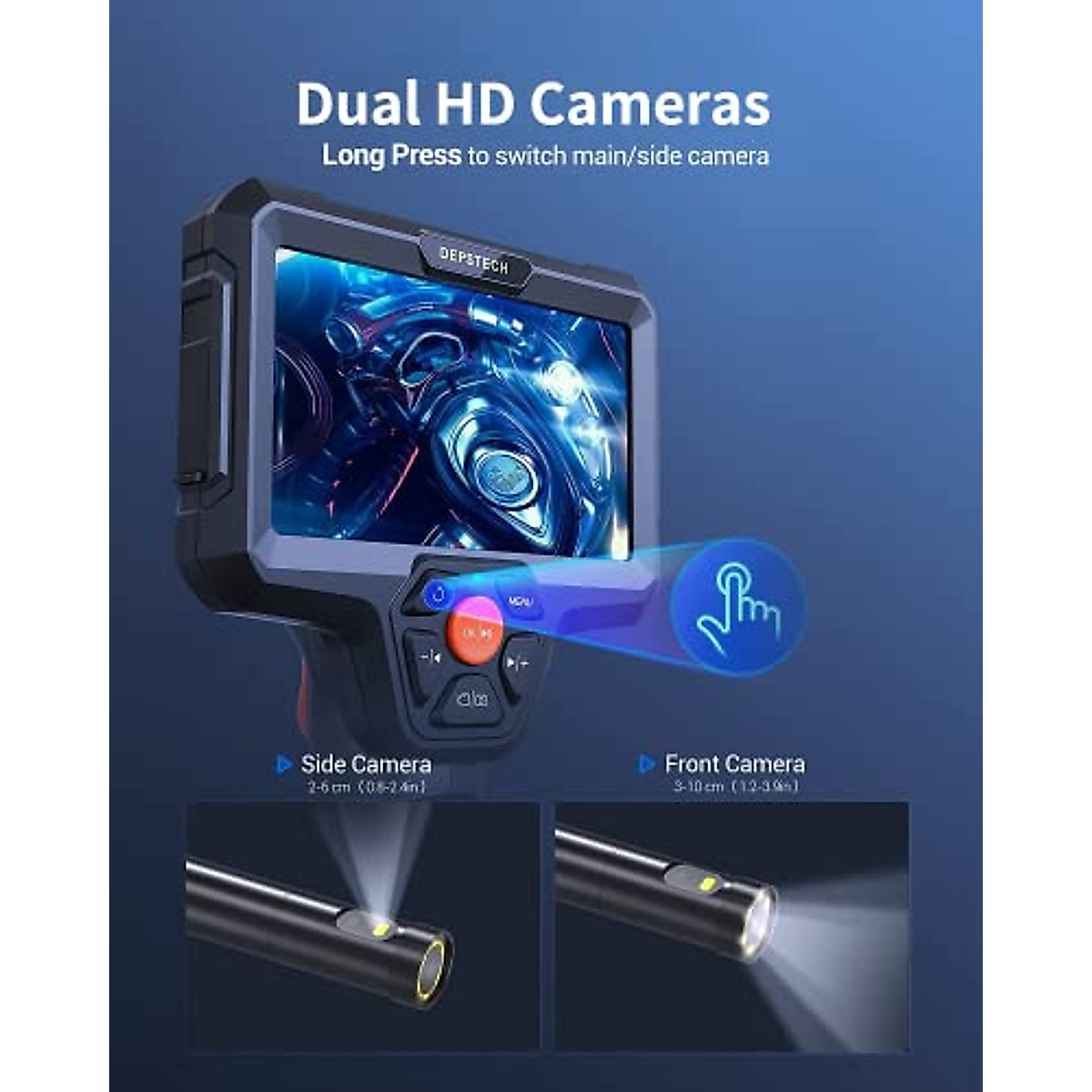 DEPSTECH 5" IPS Display Endoscope, Dual Lens Inspection Camera with Light, 7.9 mm HD Borescope, Sewer Camera with LED Flashlight, 32 GB, 5000 mAh Battery, Carrying Case, Detachable Snake Camera-16.5ft