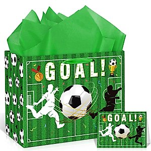 Soccer Party Gift Bag, Large Soccer Gift Wrap Bag with Tissue Paper Goal Greeting Card Decorations for Sports Party Favor Soccer Birthday Goodie Gifts Treat Wrapping Bags for Boys Men Team Supplies