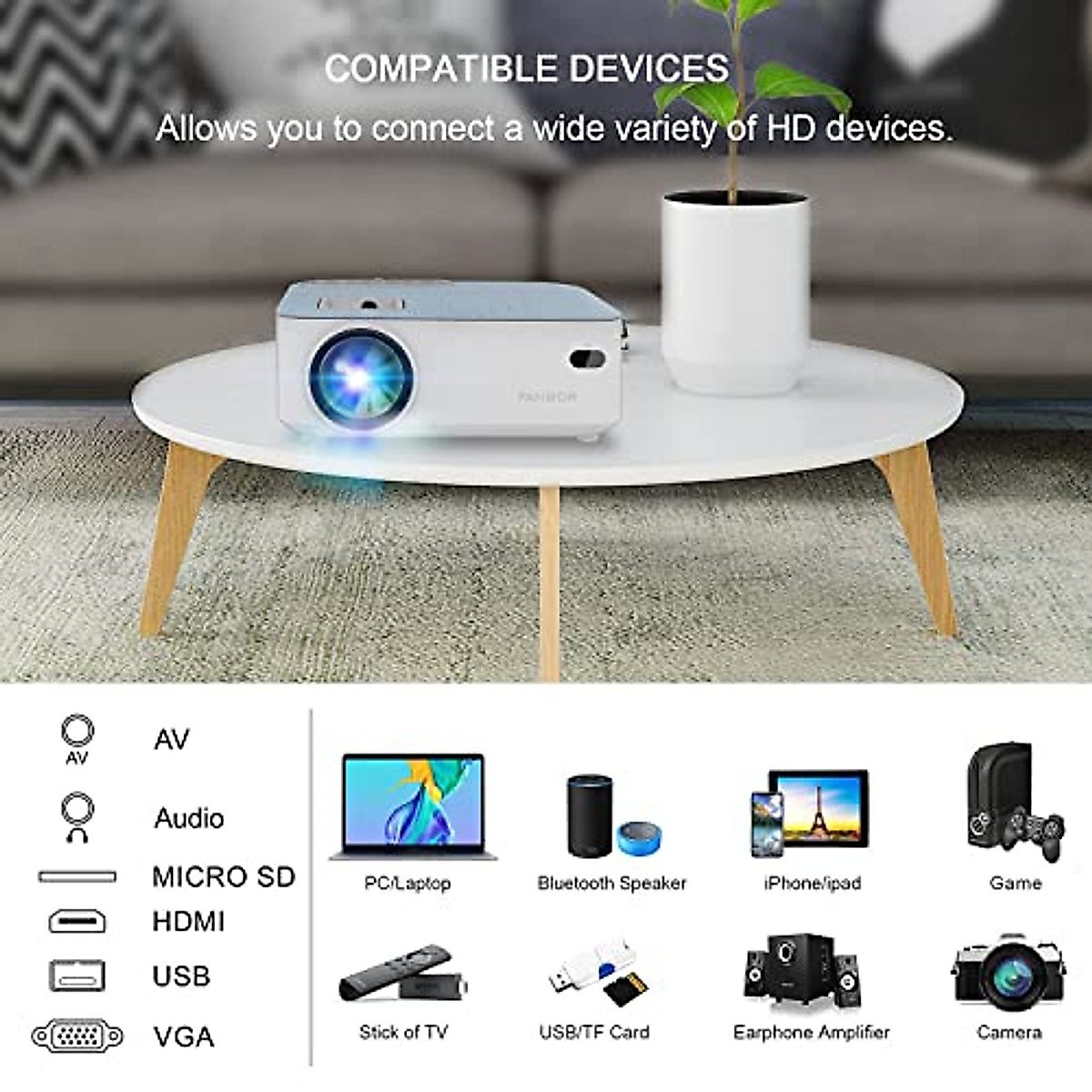 FANGOR HD Bluetooth Projector - Portable 1080P Supported Projector for Outdoor Movie, Mini Video Projector with Carry Bag & Tripod, Compatible Computer/ Laptop/ SD Cards/PS4/ Xbox