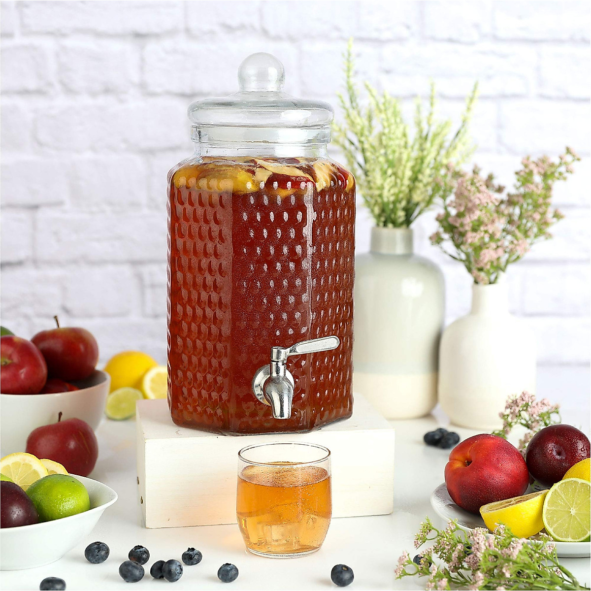 1 Gallon Glass Beverage Dispenser with Stainless Steel Spigot - Decorative Mason Jar Drink Dispenser for Parties, Fridge, Sun Tea, Iced Tea, Kombucha and Water