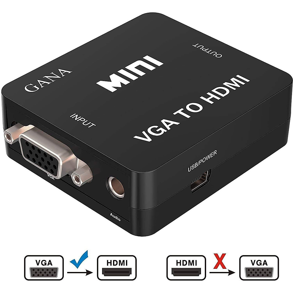 GANA VGA to HDMI Adapter, Mini Vga Adapter Box Steadily Convert Full HD Audio Video Below 1080P from VGA to HDMI, Support HDTV PC Laptop Monitor Computer Mac Projector