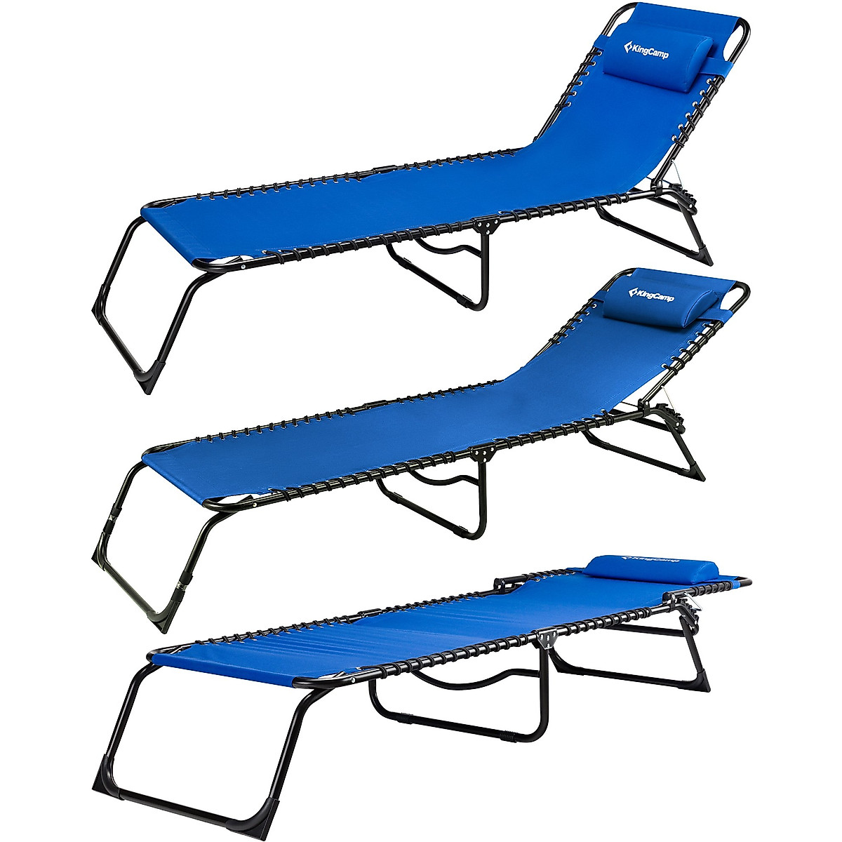 KingCamp Chaise Lounge Removable Pillow 3-Position Adjustable Chair Folding Patio Recliner for Camping Pool Beach Outdoor, Supports 300lbs, Blue, One Size