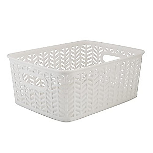 Simplify Small Herringbone Bin | Storage Tote Basket | Organizer | Decorative | Good for Closets | Countertops | Desks | Dressers | Accessories | Cleaning Products | Sports Equipment | Toys | White