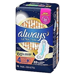 Always Ultra Thin Feminine Pads for Women with Wings, Size 4, Overnight Absorbency, Unscented, 28 Count (Pack of 1)