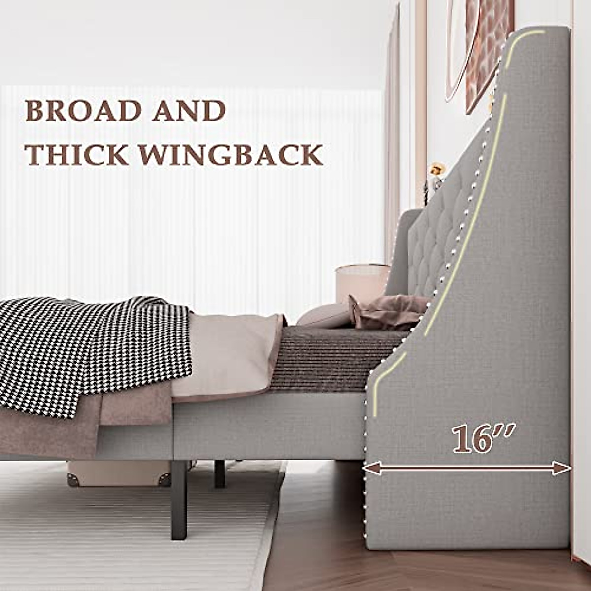 Feonase King Size Bed Frame with Deluxe Wingback Headboard, Upholstered Platform Bed Frame with Diamond Tufting & Storage Shelf, Wood Slats, Easy Assembly, Noise-Free, No Box Spring Needed, Light Gray