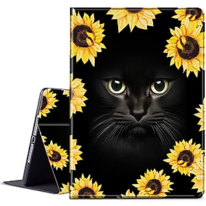 Case for All-New Fire HD 10 Tablet (7th/9th Generation,2017/2019 Release),with Adjustable Stand & Auto Wake/Sleep Feature Smart Protect Cover for Fire HD 10.1 inch - Sunflower and Black Cat