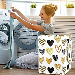 Inhomer Laundry Hamper Hand Painted Golden Black Hearts Collapsible Laundry Baskets Firm Washing Bin Clothes Storage Organization for Bathroom Bedroom Dorm