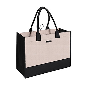 Aricsen Large Canvas Shopping Tote Bag with Handles for Women Gift Grocery Beach Holidays, Reusable Blank Clearance Eco Burlap Cloth Jute Fabric Handbag for Kitchen, Black & Gray