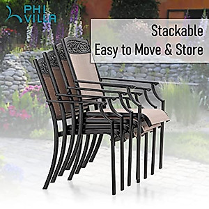 PHI VILLA Outdoor Cast Aluminum Patio Dining Chairs Set of 4, Stackable Patio Teslin Sling Chairs with Armrest for Deck, Garden, Terrace, Yard