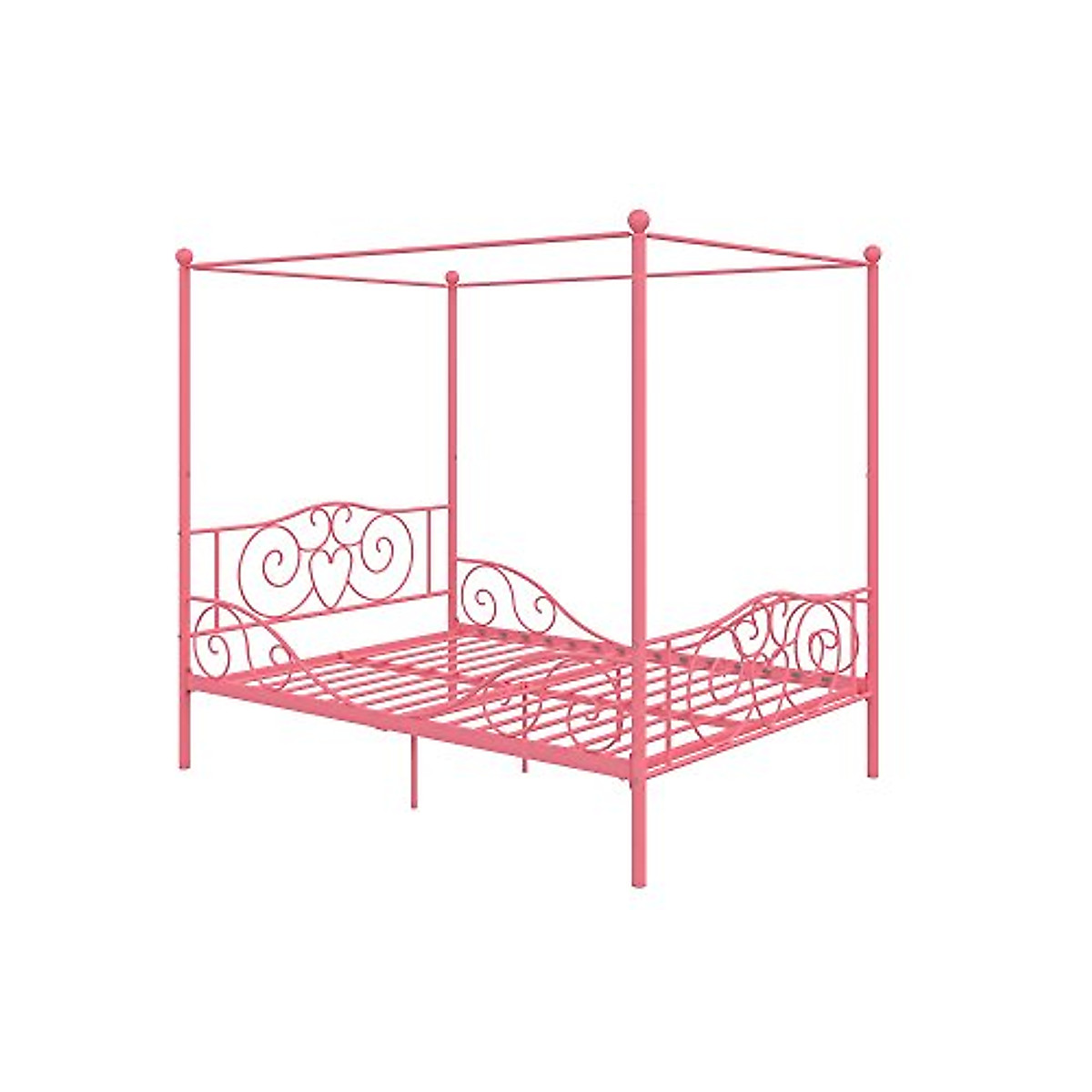 DHP Metal Canopy Kids Platform Bed with Four Poster Design, Scrollwork Headboard and Footboard, Underbed Storage Space, No Box Sring Needed, Full, Pink