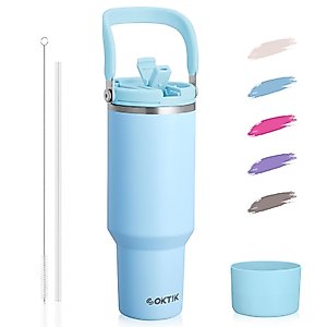 COKTIK 40 oz Tumbler with Handle and Straw, Double Insulated Tumblers with Flip Straw and Top Handle, Leakproof Tumbler, Stanley Cup, Insulated Water Bottle (Light Blue)