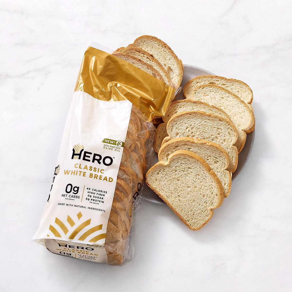 Hero Classic White Bread — Delicious Bread with 0g Net Carb, 0g Sugar, 45 Calories, 11g Fiber per Slice | Tastes Like Regular Bread | Low Carb & Keto Friendly Bread Loaf —15 Slices/Loaf, 2 Loaves