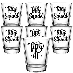 Veracco Fifty AF Fifty Squad Cheers To 50 Years Shot Glasses Birthday Gift For Someone Who Loves Drinking Bachelor 50th Funny Party Favors Fifty and Fabulous (Clear, Glass)