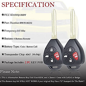 Key Fob Remote Replacement Fits for Toyota Camry 2007 2008 2009 2010 2011/Corolla 2009-2010 HYQ12BBY Keyless Entry Remote Control 89070-06232(Pack of 2)
