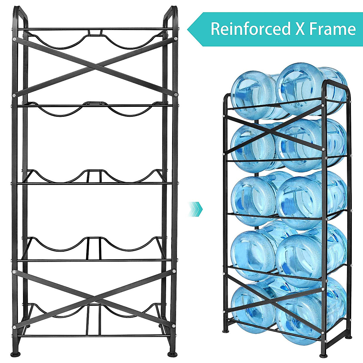 Ationgle 5 Gallon Water Bottle Holder for 10 Bottles, 5 Tiers Heavy-Duty Water Cooler Jug Rack with Reinforcement Frame for Kitchen Office, Black