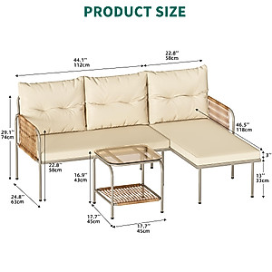YITAHOME 3 Pieces Patio Furniture Set, Outdoor Wicker Conversation Set, All-Weather Rattan Sectional L-Shaped Sofa Detachable Lounger with Cushions and Coffee Table for Backyard, Porch, Boho - Beige