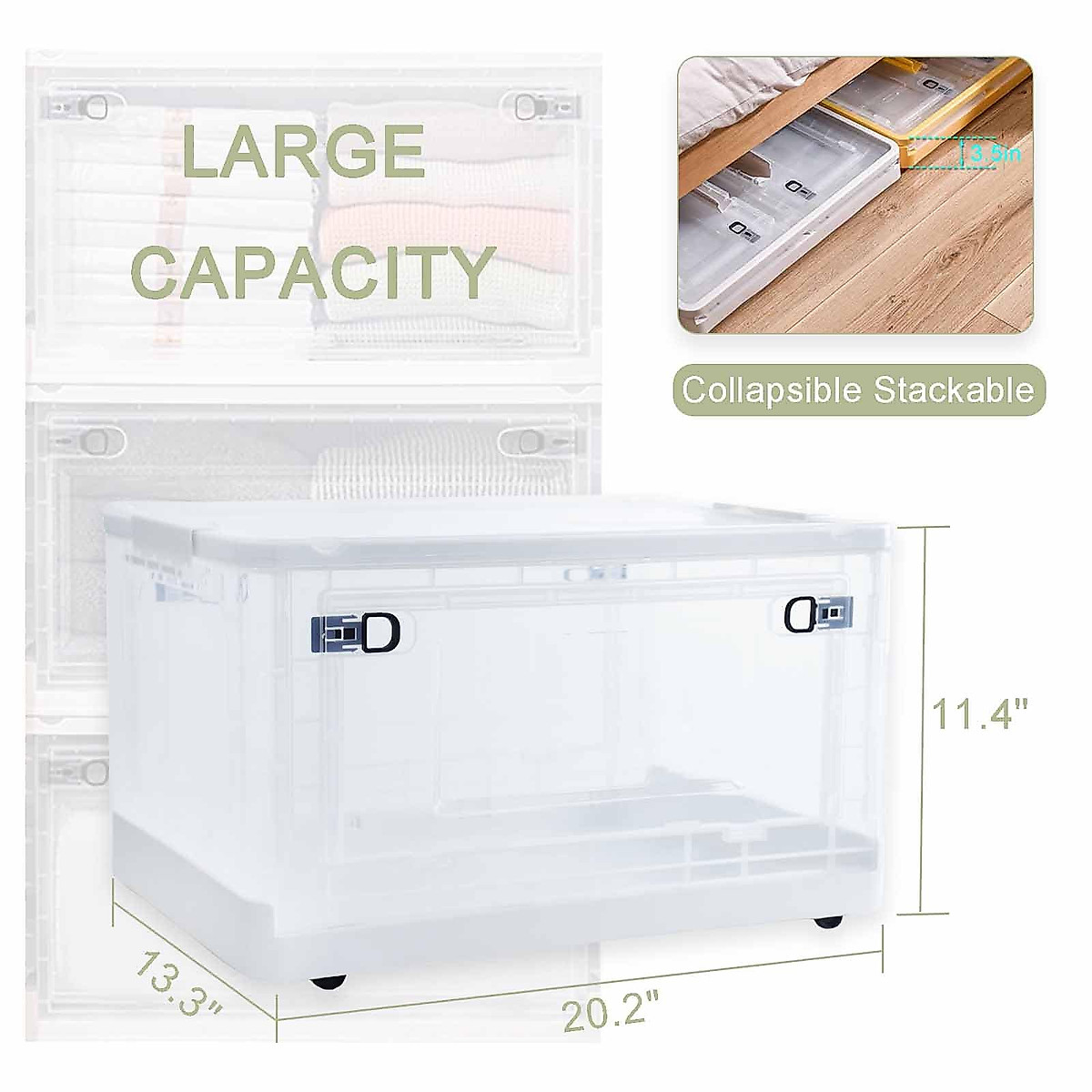 Stackable Storage Bins, 48.7 QT Closet Organizers and Storage, Collapsible Clear Storage Bins with Lids and Wheels for Bedroom Toy Storage Bins Pantry Storage Organizer Bins