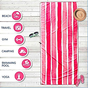Elite Trend XL Beach Towel for Travel – Extra Large 78x35 Inch w/Bag – Lightweight Microfiber, Compact, Soft, Quick Dry, Sand Free – for Swimming, Pool, Camping, Yoga, Workout – Pink Stripes