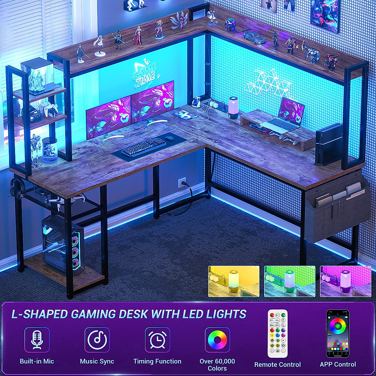 Aheaplus L Shaped Gaming Desk, Reversible L Shaped Desk with Power Outlet and Led Lights, Gaming Desk Corner Computer Desk with Hutch, Monitor Stand and Storage Bag for Home Office, Rustic Brown