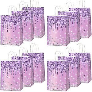 12Pcs Purple and Silver Gift Bags Glitter Diamond Goodie Bag Happy Birthday Treat Bag Glitter Purple Candy Bags Supplies for Wedding Bridal Baby Shower Holiday Party Favors Decorations 4.7*3.15*8inch