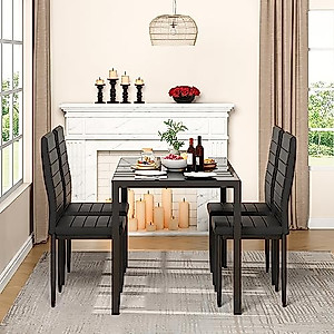 Lamerge Dining Table Set for 4, 5 Piece Kitchen Table Set with Tempered Glass Table Top and 4 Faux Leather Chairs,for Living Room,Dining Room,Kitchen,Small Space,Black (LDTS-GB)