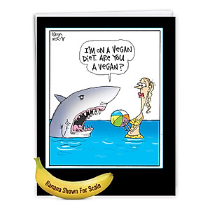 NobleWorks - 1 Jumbo Funny Birthday Card with Envelope (8.5 x 11 Inch) - Birthday Occasion Humor, Group Cartoon Card - Vegan Shark J4002BDG