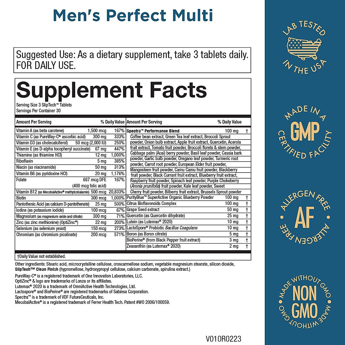 Purity Products Men's Perfect Multi from Vitamins, Minerals and Phytonutrients - Promotes Energy, Vitality and Stamina - Easy to Swallow - 90 Tablets