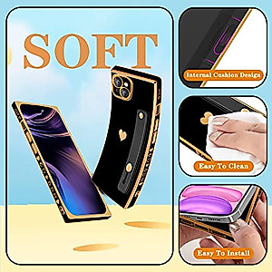 Petitian for iPhone 13 Square Case Loopy Stand/Strap, Luxury Cute Women Girls Heart Electroplated Designer Squared Edge Phone Cases for 13, Black