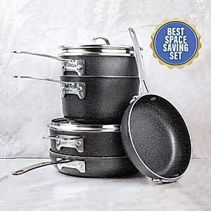 Granitestone Stackable Pots and Pans Set Nonstick, 10 Piece Space Saving Complete Kitchen Cookware Set with Ultra Nonstick Mineral & Diamond Coating, Oven & Dishwasher Safe, Healthy & Toxin Free-Black