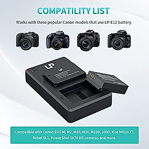 LP-E12 Battery Charger Pack, LP 2-Pack Battery & Dual Slot Charger, Compatible with Canon EOS M200, M100, M50, M50 Mark ii, M10, M2, M, Rebel SL1, 100D, PowerShot SX70 HS, Kiss M, Kiss X7 & More