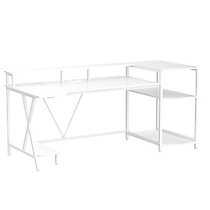 SEDETA White Gaming Desk 70.8'' with LED Lights and Storage Shelves, Computer Desk with Monitor Stand, Power Outlets and Cup Holder, Large PC Gamer Desk, Gaming Table for Bedroom, Living Room