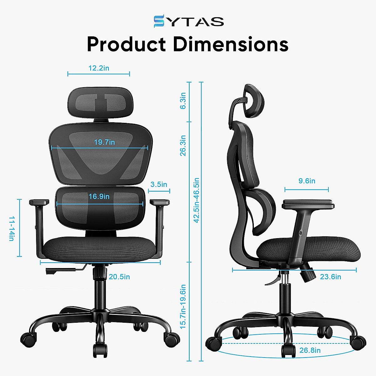 Sytas Ergonomic Office Chair, High Back Mesh Desk Chair with Lumbar Support and Adjustable Headrest, Executive Swivel Computer Chair for Home Office, Tilt Function, Black
