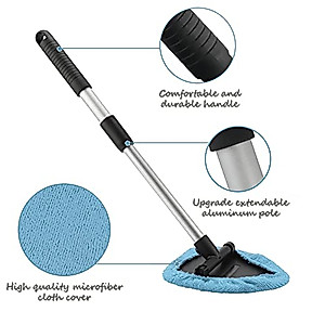 UYYE Windshield Cleaning Tool, Retractable Rotary Triangular Head Cleaning Brush,with Washable Fiber Cloth and Water Spray Kettle, Reusable Car Interior and Exterior Accessories Cleaning Kit, Blue