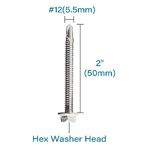 IMScrews 50pcs #12 x 2" Stainless Hex Washer Head Self Drilling Screws, 410 Stainless Steel Full Thread Sheet Metal Tek Screws
