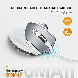 ProtoArc Wireless Bluetooth Trackball Mouse, EM01 2.4G RGB Ergonomic Rechargeable Rollerball Mice, 3 Device Connection&Thumb Control, Compatible for PC, iPad, Mac, Windows-White Silver