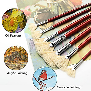 GACDR Fan Brush for Painting, 7 Pieces Fan Brush Set with Hog Bristle Natural Hair and Long Wood Handle, Professional Artist Fan Brushes for Acrylic Painting,Oil Watercolor Painting