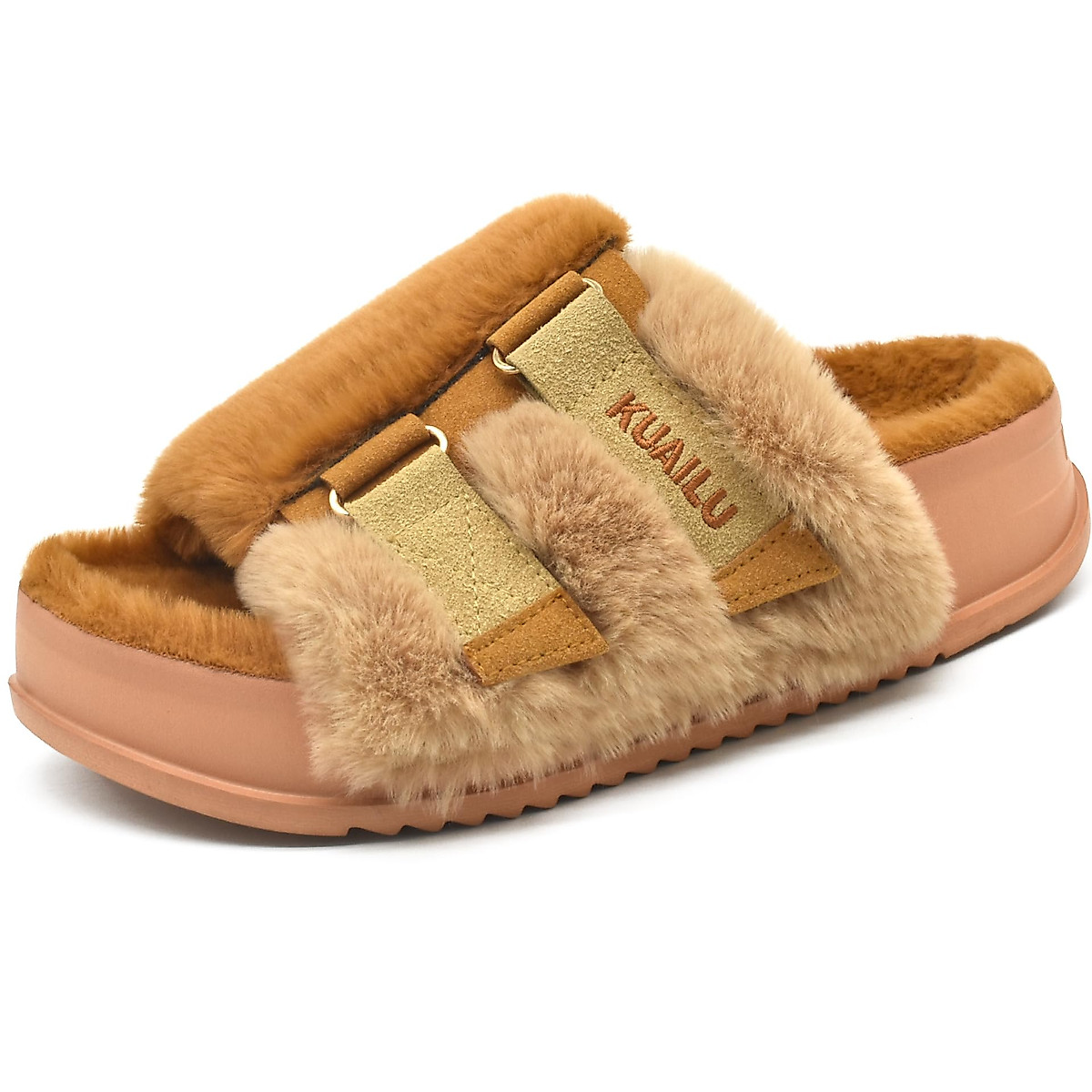 KuaiLu Womens Fuzzy Platform Open Toe Slippers with Arch Support Fluffy Furry Slides Orthotic Faux Fur Sandals house Indoor Outdoor Camel Size 9