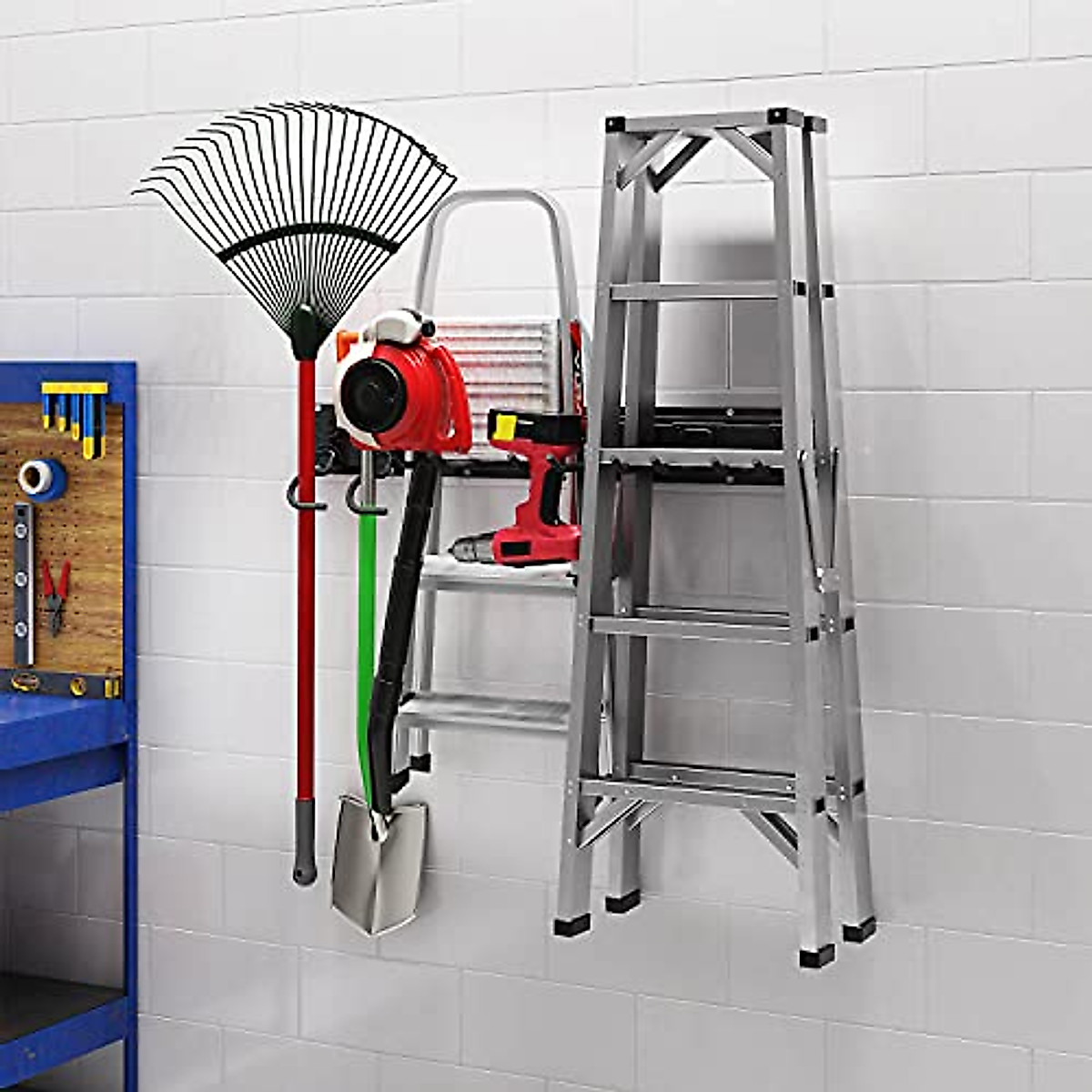 Godboat Garage Storage, Ski Garage Organization, Garden Tool Organizer, Mop & Broom Holder Wall Mount, Yard Tools Hanger, Corner Shelves with Rake & Shovel Rack, Garage Gifts for Men, Max Load 550lbs