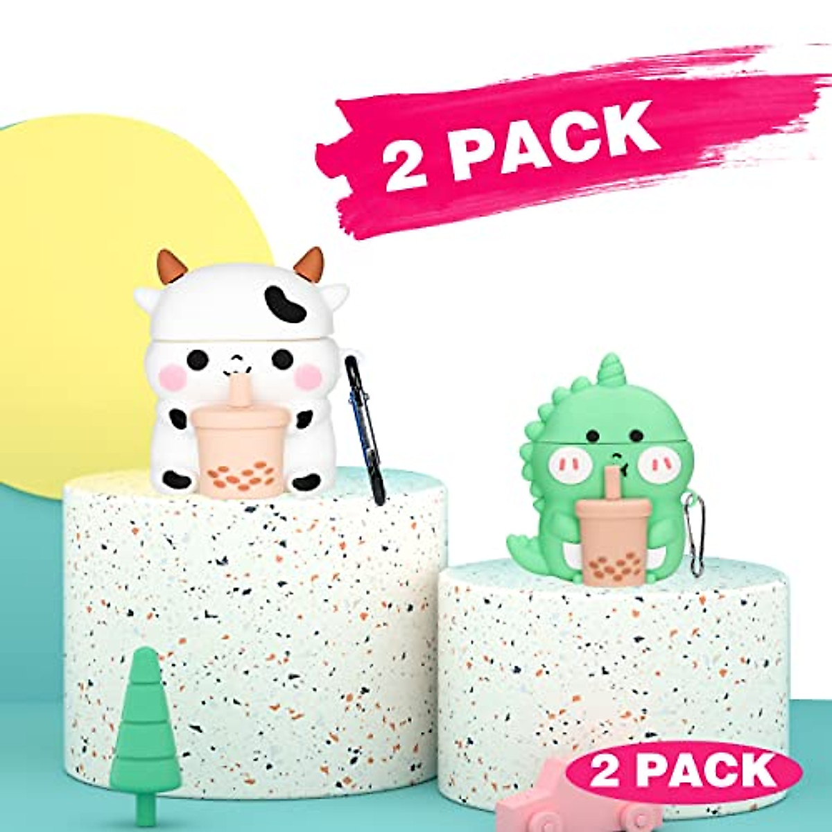 2 Pack Mulafnxal for Airpod 1/2 Case Cute Cartoon 3D Unique Soft Silicone Cover Funny Fashion Fun Cool Character Stylish Design Air Pods Cases Women Girls Boys Teen for Airpods 1/2 Boba Cow