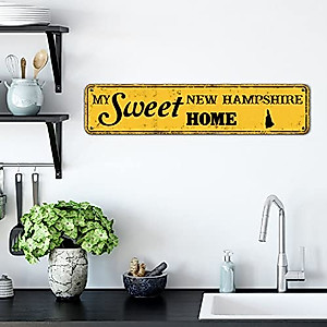 My Sweet Home New Hampshire Metal Sign Farmhouse State Map Silhouette Solid Yellow Garden Yard Decor UV Protected Metal Wall Decor Ready to Hang for Garage Office Restaurants Rectangle 4x18in