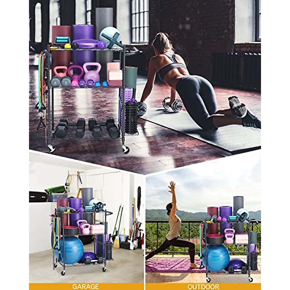 FHXZH Home Gym Storage Rack, Workout/Exercise Equipment Storage Organizer with Hooks and Wheels for Yoga Mat & Ball Dumbbell Kettlebells Foam Roller Resistance Bands