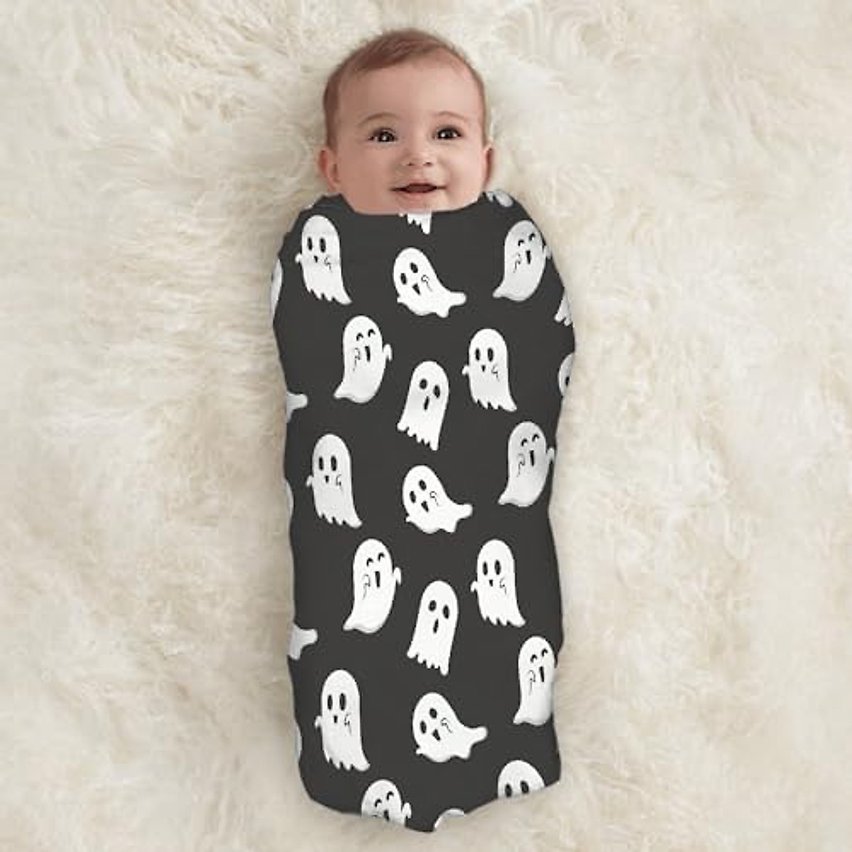 Cute Little Funny Ghost Blanket Gift for Girls Boys, Spooky Decor Plush Soft Fleece Flannel Black White Spooky Halloween Throw Blanket Sheet for Toddler Kids Lap Chair 40X30In