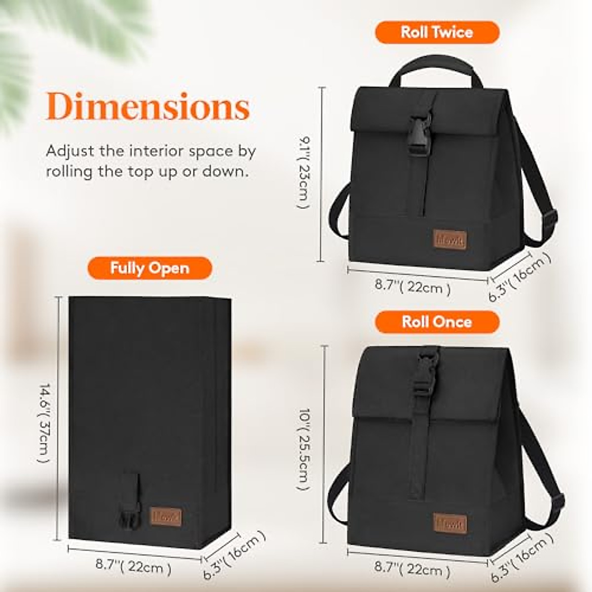 Lifewit Insulated Lunch Bag Rolltop, Reusable Lunch Box for Men Women Adults with Adjustable Shoulder Strap, Foldable Lunchbox Leakproof Cooler Bag for Office Work Picnic, 8L Black