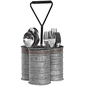MyGift Galvanized Metal Flatware Holder for Party with Handle, 3 Compartment Picnic Utensil Holder Caddy