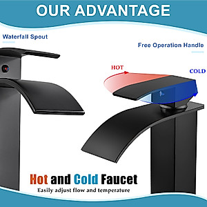 Midanya Waterfall Spout Bathroom Faucet Single Handle 1 Hole Bathroom Sink Faucet,Modern RV Lavatory Vanity Basin Faucet with 6 Inch Deck Plate for 1 or 3 Hole and Water Hose,Matte Black