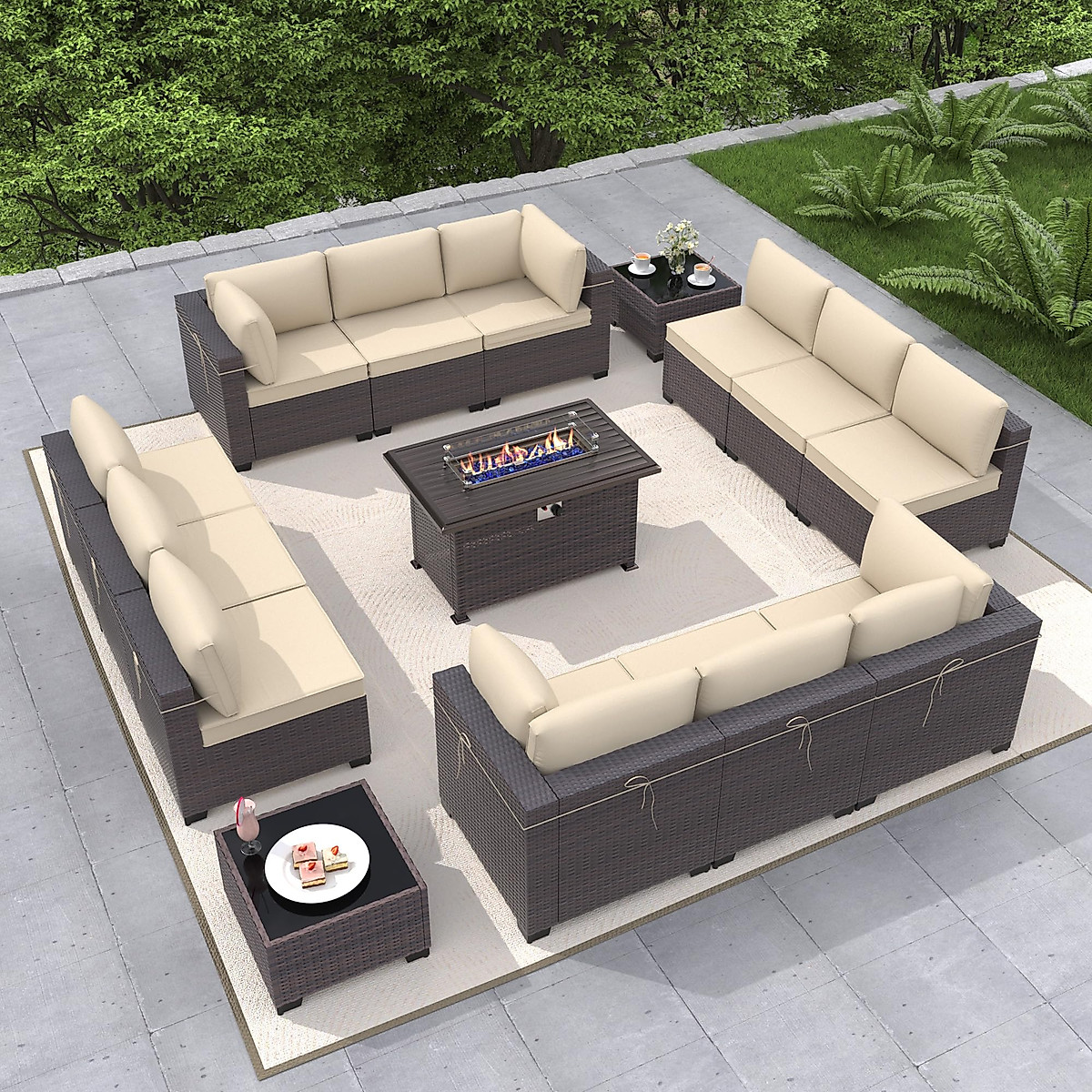 Gotland 15 Piece Outdoor Patio Furniture Set with Gas Fire Pit Table Sectional Sofa w/43in Propane Pit, 55,000 BTU Auto-Ignition Firepit w/Glass Wind Guard