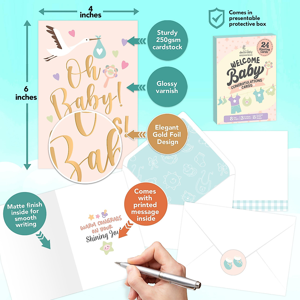 24 Pack Gold Foiled Baby Cards Congratulations With Envelopes & Stickers, 8 Designs with Printed Message New Baby Cards, 4x6" New Baby Card Baby Shower Cards Gender Neutral, Baby Congratulations Cards